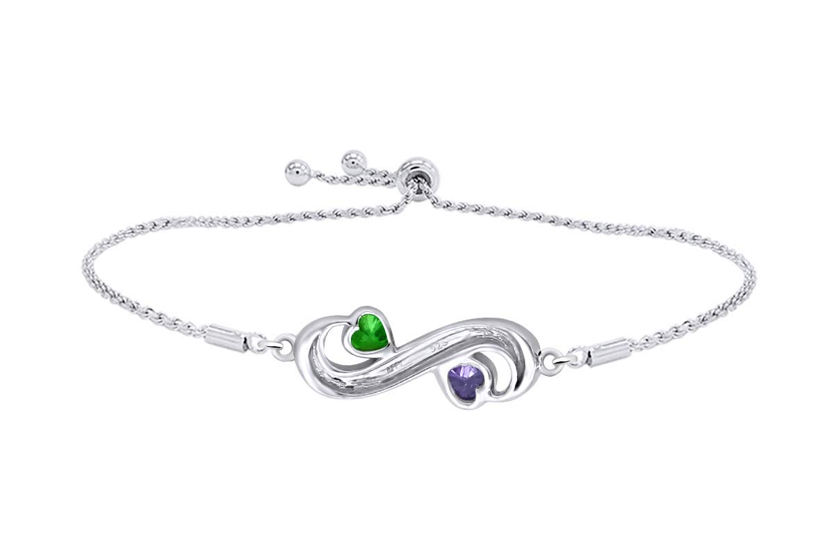 AFFY Mother's Day Jewelry Gifts Personalized Simulated Birthstone Name Engraved Double Heart Infinity Bolo Bracelet 14k White Gold Plated Sterling Silver