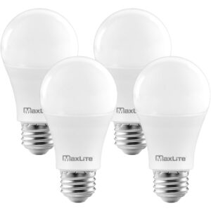 maxlite a19 led bulb, enclosed fixture rated, 100w equivalent, 1600 lumens, dimmable, e26 medium base, 2700k soft white, 4-pack