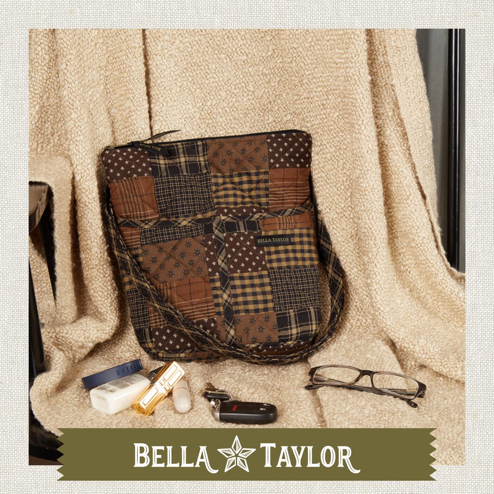 Bella Taylor Hipster Crossbody Purse for Women | Medium Size Shoulder Bag with Adjustable Strap | Quilted Cotton Ironstone Black and Brown Patchwork