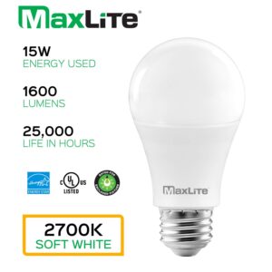 MaxLite A19 LED Bulb, Enclosed Fixture Rated, 100W Equivalent, 1600 Lumens, Dimmable, E26 Medium Base, 2700K Soft White, 4-Pack