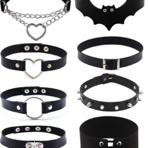 SOOWOOT 8 Pieces PU Leather Choker Necklace Goth Spiked Rivets Punk Collar Necklace Adjustable PU Leather Studded Love Heart Collar Choker Collar Set for Wome