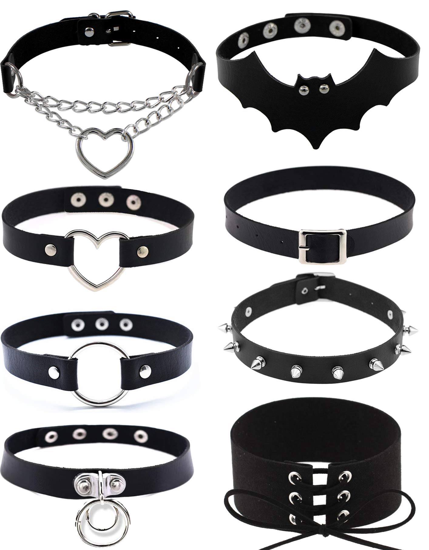 SOOWOOT 8 Pieces PU Leather Choker Necklace Goth Spiked Rivets Punk Collar Necklace Adjustable PU Leather Studded Love Heart Collar Choker Collar Set for Wome