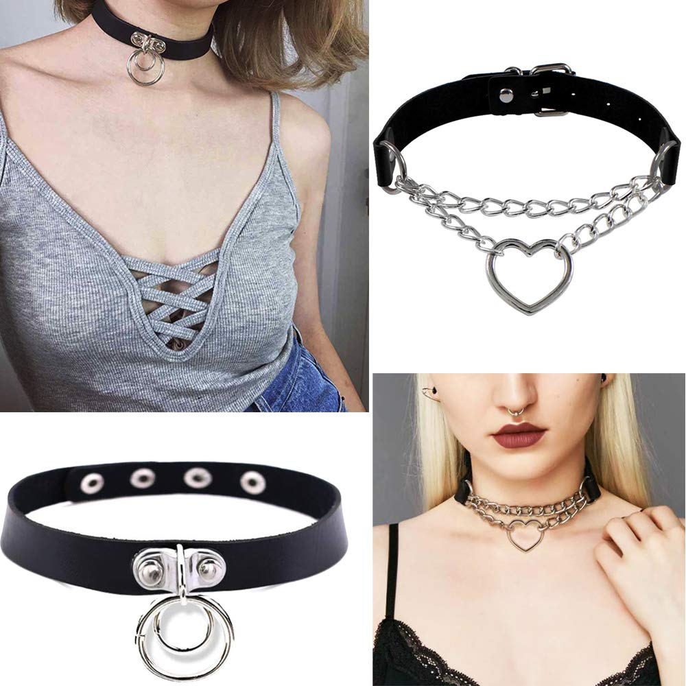 SOOWOOT 8 Pieces PU Leather Choker Necklace Goth Spiked Rivets Punk Collar Necklace Adjustable PU Leather Studded Love Heart Collar Choker Collar Set for Wome