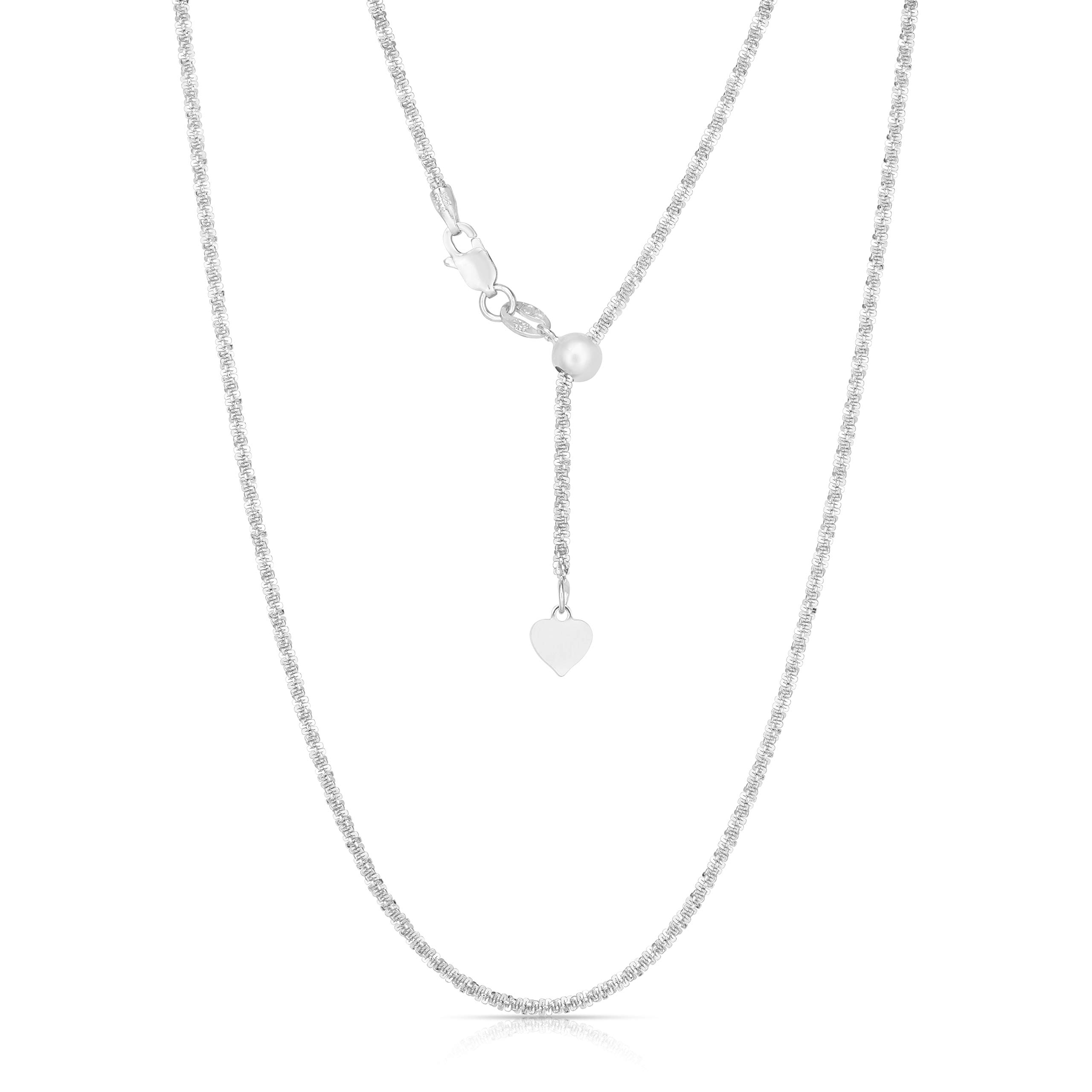 Floreo 14k White Gold 1.5mm Adjustable Criss Cross Twisted Sparkle Chain Necklace with Small Heart Charm, 22 Inch