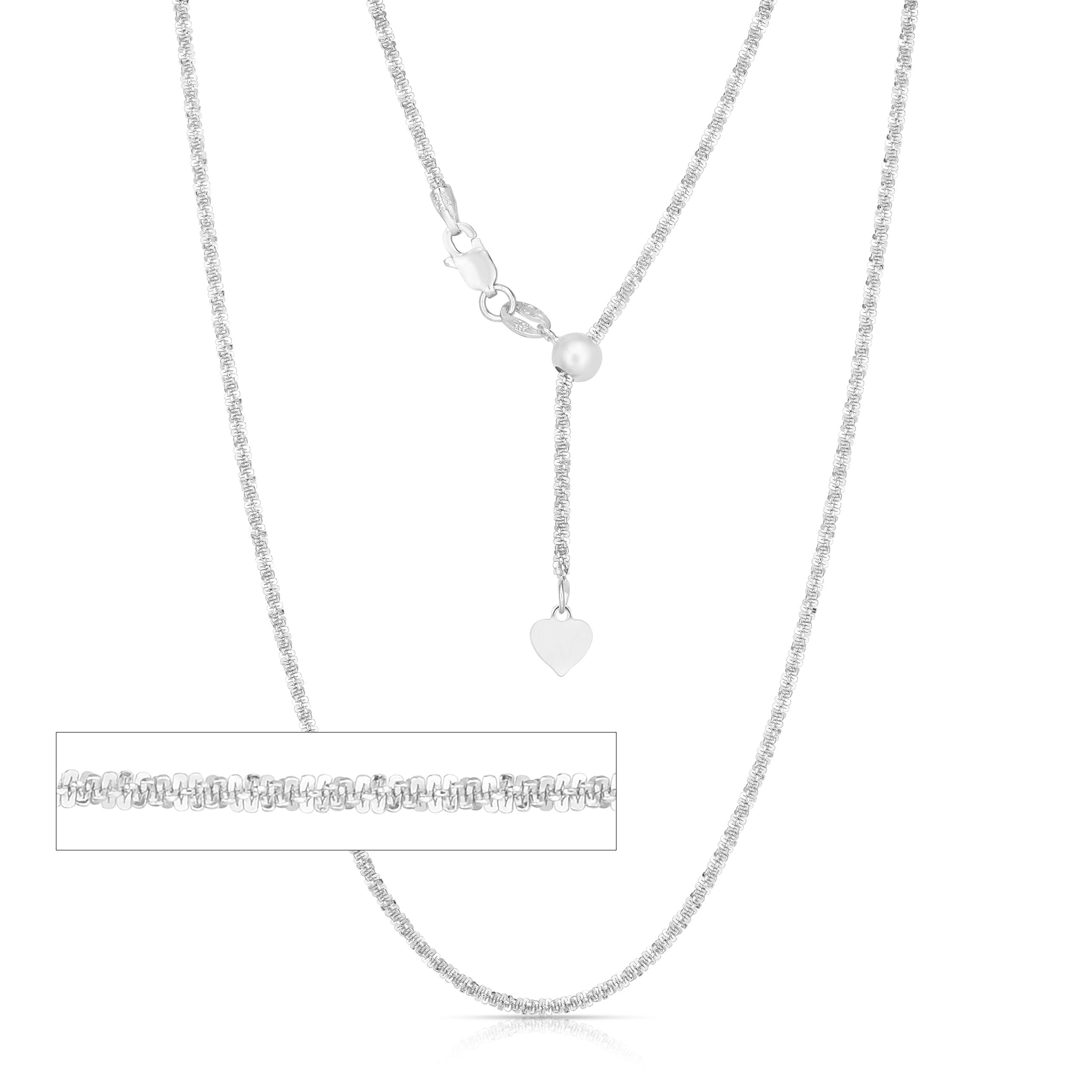 Floreo 14k White Gold 1.5mm Adjustable Criss Cross Twisted Sparkle Chain Necklace with Small Heart Charm, 22 Inch