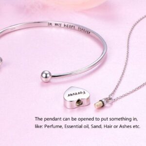 FLYOW Easter Gifts Women Urn Bracelet for Ashes for Girls Sterling Silver Cremation Jewelry Memorial Ashes Keepsake Urn Bangle with Heart Drop Pendant Engraved in My Heart Forever