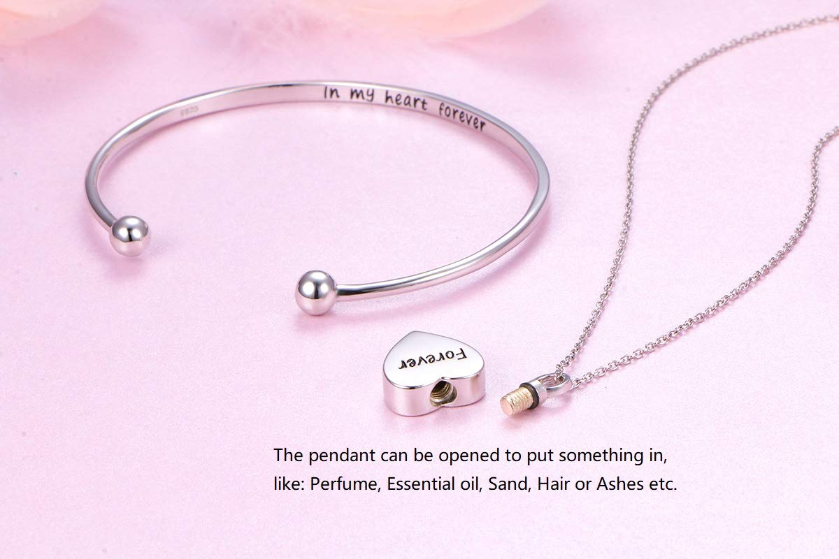 FLYOW Easter Gifts Women Urn Bracelet for Ashes for Girls Sterling Silver Cremation Jewelry Memorial Ashes Keepsake Urn Bangle with Heart Drop Pendant Engraved in My Heart Forever