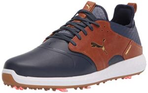 puma mens ignite pwradapt caged crafted golf shoe, peacoat-leather brown-puma team gold, 9.5 us