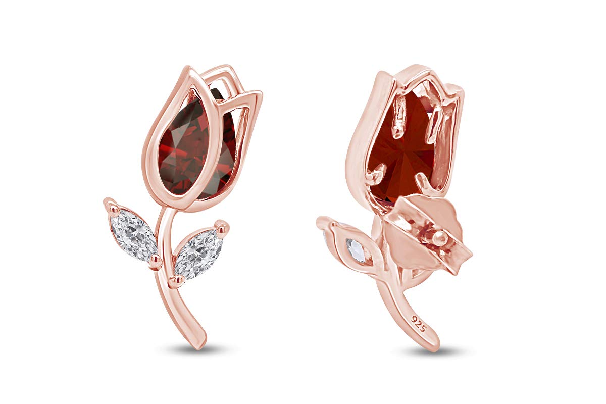 Pear & Marquise Shape Simulated Garnet & White Cubic Zirconia Stud Earrings In 14k Rose Gold Over Sterling Silver