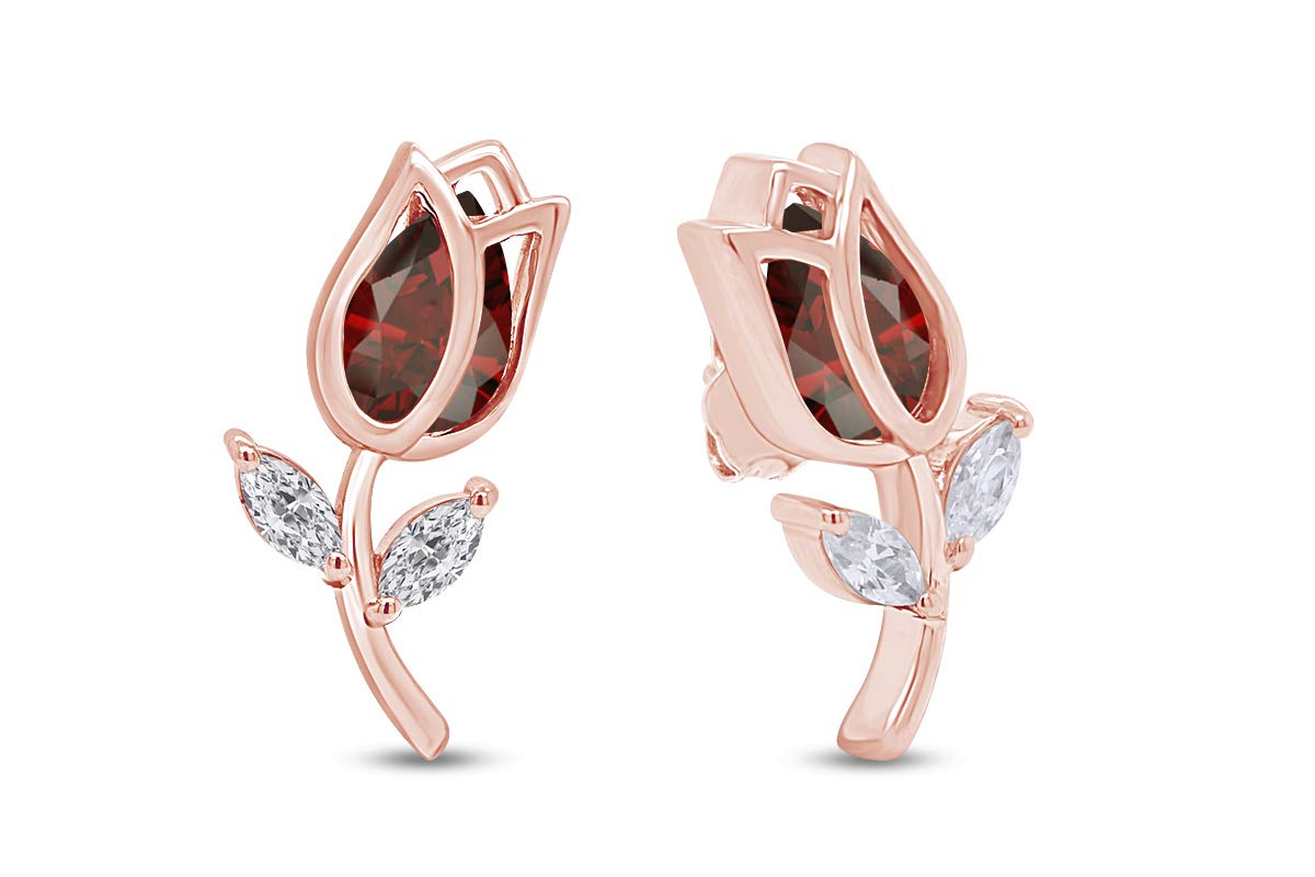 Pear & Marquise Shape Simulated Garnet & White Cubic Zirconia Stud Earrings In 14k Rose Gold Over Sterling Silver