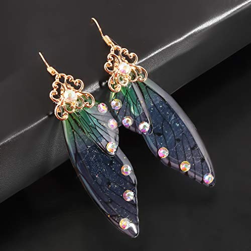 HELPFLOWER CH Handmade Fairy Simulation Butterfly Wing Earrings Foil Rhinestone Earring Romantic Jewelry,Golden Green