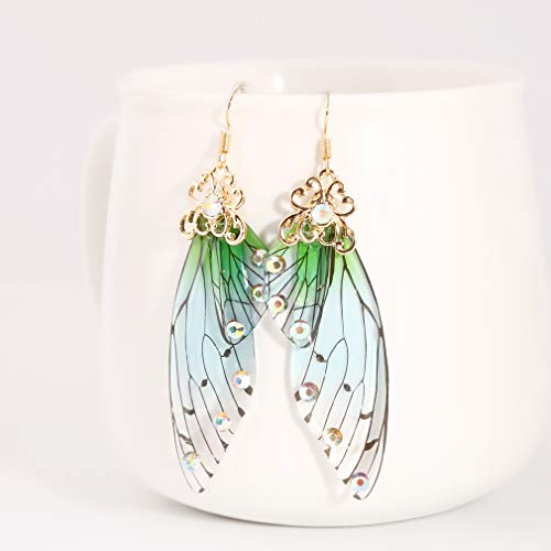 HELPFLOWER CH Handmade Fairy Simulation Butterfly Wing Earrings Foil Rhinestone Earring Romantic Jewelry,Golden Green