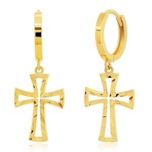 max + stone 14k yellow gold small huggie dangle hoop earrings for women with diamond cut cross 10mm