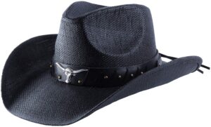 western outback cowboy hat men's women's style straw felt canvas (black bull)