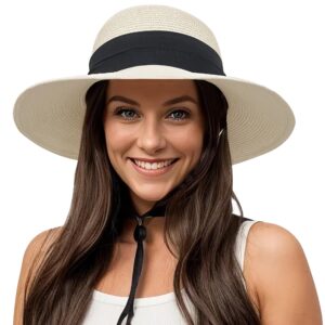 lanzom summer sun hats for women lady wide brim straw hat beach hat upf foldable packable cap for travel outdoor(medium,style f-beige)