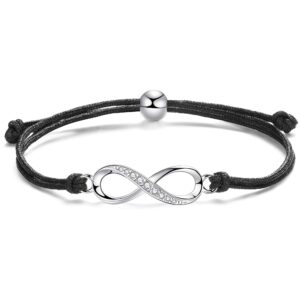 zeni infinity bracelet for women, handmade black rope braided bracelet with 925 silver adjustable bracelet love friendship jewelry gift