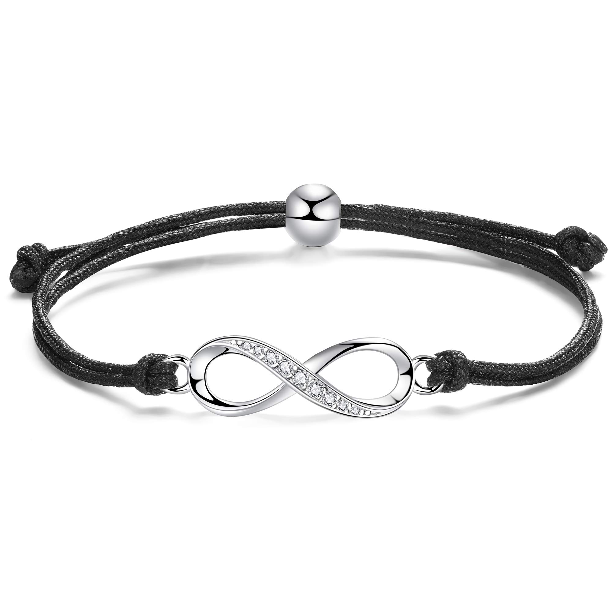 ZENI Infinity Bracelet for Women, Handmade Black Rope Braided Bracelet with 925 Silver Adjustable Bracelet Love Friendship Jewelry Gift