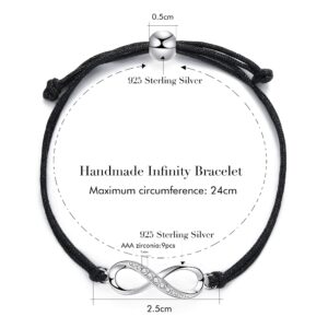 ZENI Infinity Bracelet for Women, Handmade Black Rope Braided Bracelet with 925 Silver Adjustable Bracelet Love Friendship Jewelry Gift