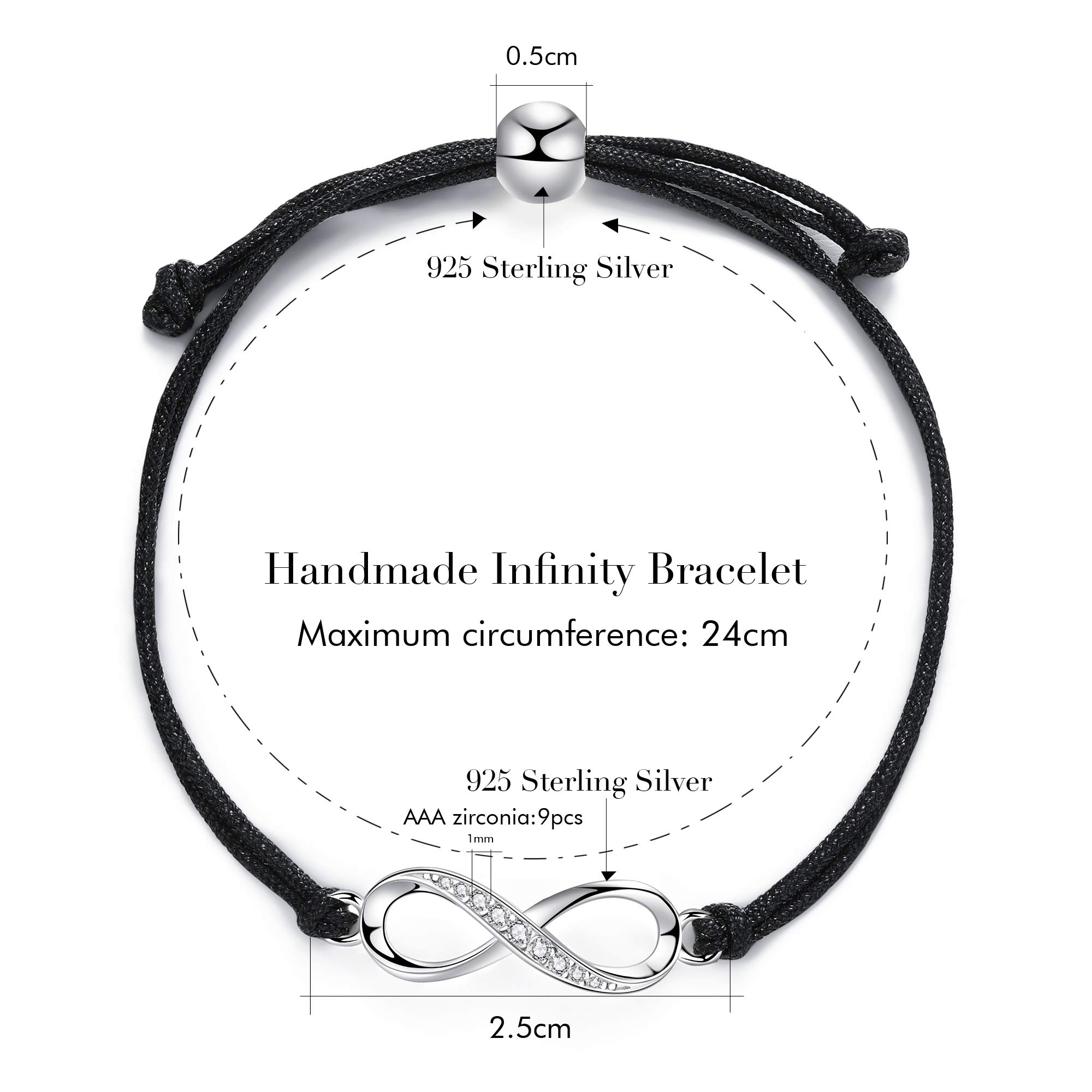 ZENI Infinity Bracelet for Women, Handmade Black Rope Braided Bracelet with 925 Silver Adjustable Bracelet Love Friendship Jewelry Gift