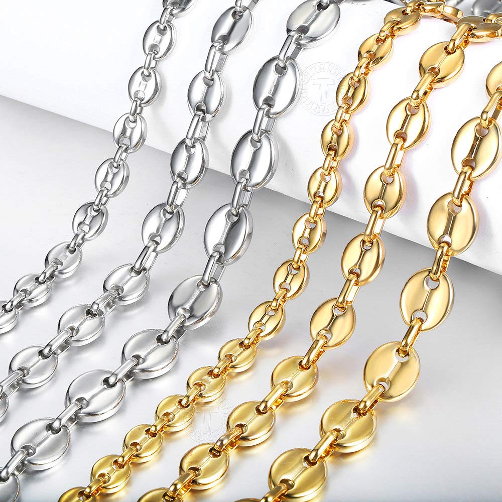 Trendsmax 7mm Coffee Beans Link Chain Necklace Gold Plated Stainless Steel Twisted Rope Chain for Men Women Hip Hop Chain 24inch