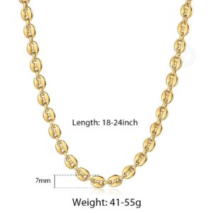 Trendsmax 7mm Coffee Beans Link Chain Necklace Gold Plated Stainless Steel Twisted Rope Chain for Men Women Hip Hop Chain 24inch