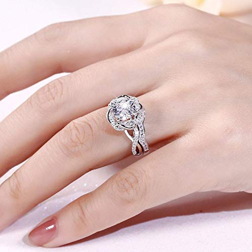 Jeulia 2.5 Carat Halo Solitaire Engagement Rings Women 925 Sterling Silver Floral Flower Rings White Diamond Eternity Band Ring Round Cut Bridal Ring Set Anniversary Promise Rings for Her