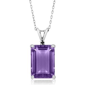 gem stone king 925 silver purple amethyst and black diamond pendant necklace for women (7.12 cttw, gemstone february birthstone, emerald cut 14x10mm, with 18 inch silver chain)