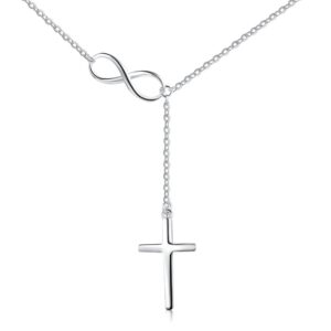 na s925 sterling silver infinity cross pendant y lariat necklace for women birthday baptism easter gift, 18 inch + 2 inch