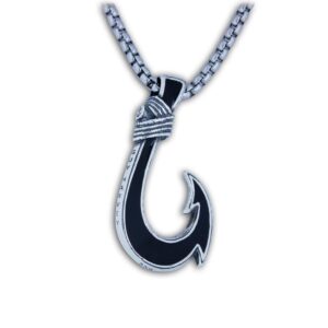 Guy Harvey Jewelry Big Game Fishhook in Sterling Silver on a Necklace Chain (Black reverse side)