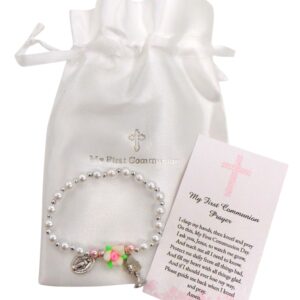 First Communion Rosary Bracelet Rose Stretch Wrist Fashion for Girls with Holy Prayer Card and Bag Gift Set