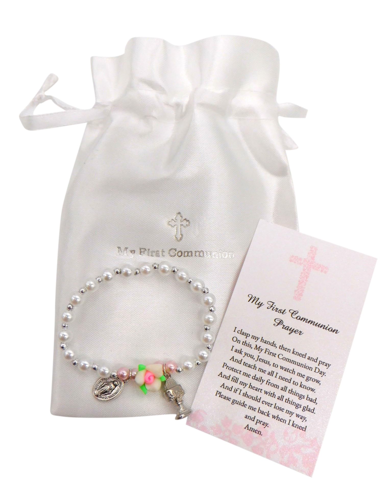 First Communion Rosary Bracelet Rose Stretch Wrist Fashion for Girls with Holy Prayer Card and Bag Gift Set