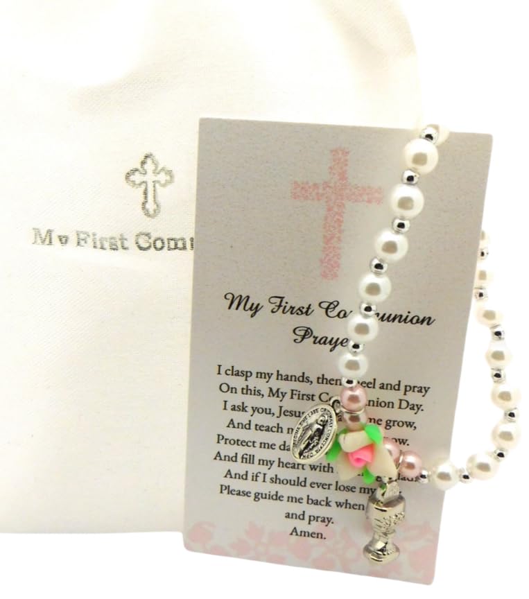 First Communion Rosary Bracelet Rose Stretch Wrist Fashion for Girls with Holy Prayer Card and Bag Gift Set