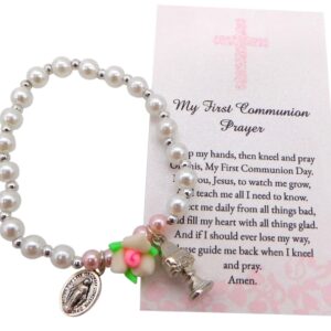 First Communion Rosary Bracelet Rose Stretch Wrist Fashion for Girls with Holy Prayer Card and Bag Gift Set