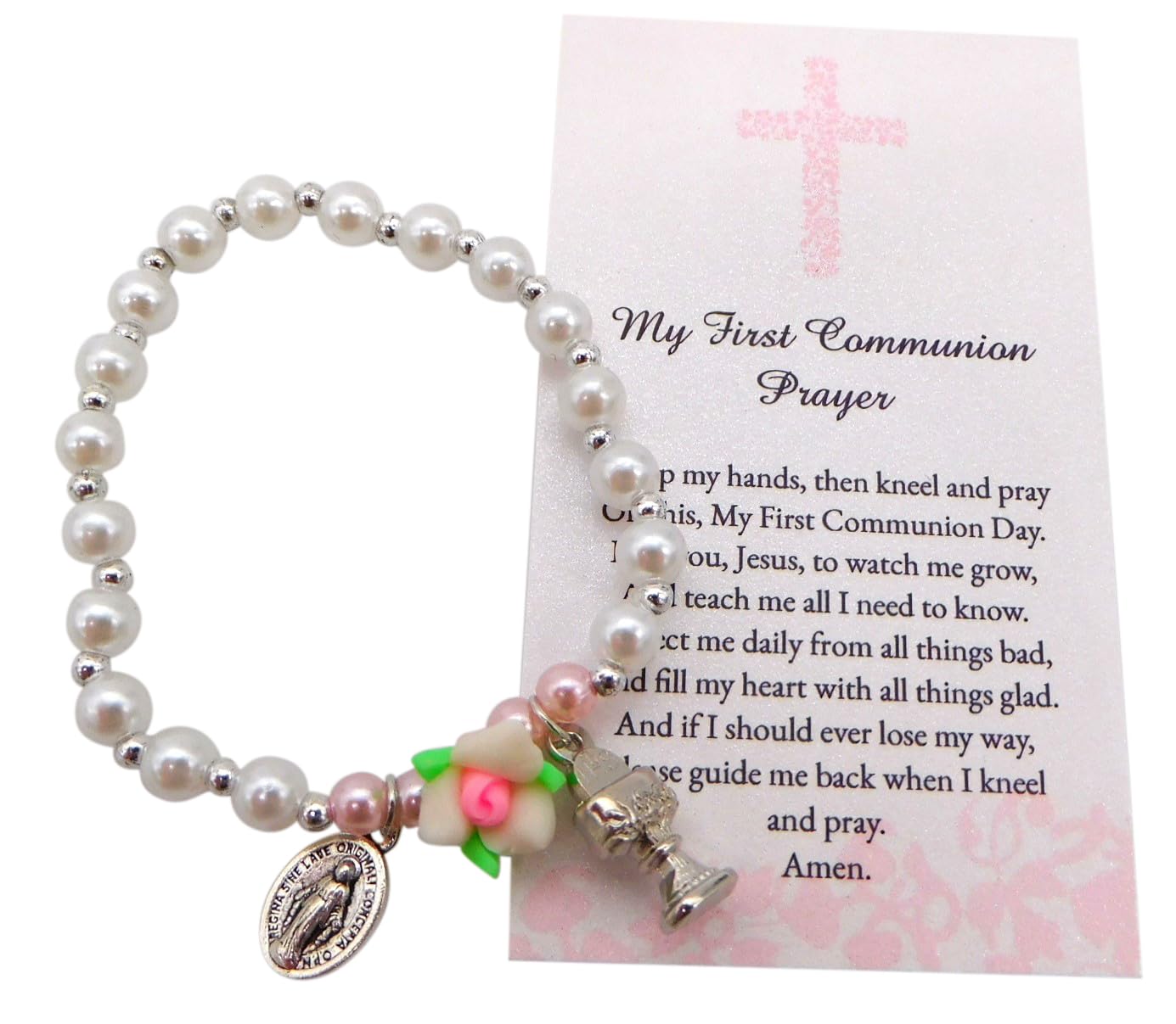 First Communion Rosary Bracelet Rose Stretch Wrist Fashion for Girls with Holy Prayer Card and Bag Gift Set