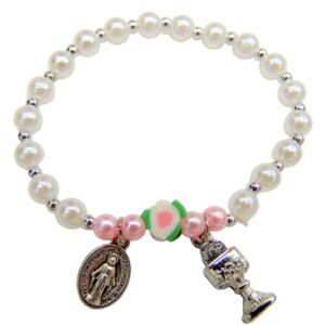 First Communion Rosary Bracelet Rose Stretch Wrist Fashion for Girls with Holy Prayer Card and Bag Gift Set