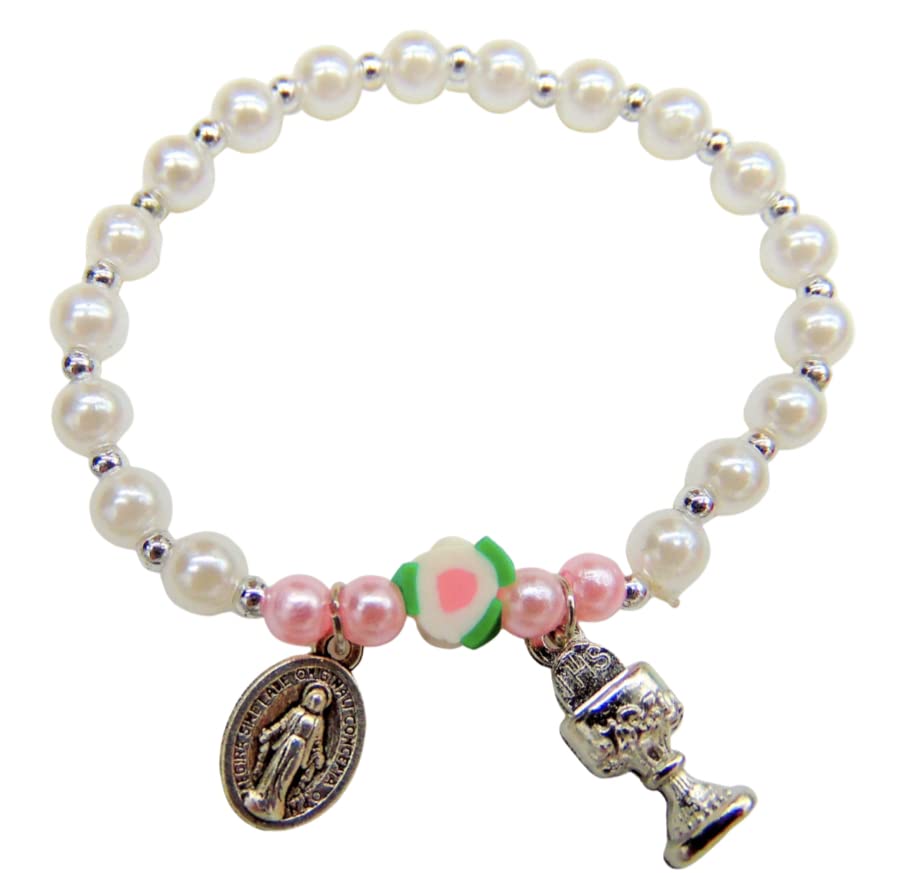 First Communion Rosary Bracelet Rose Stretch Wrist Fashion for Girls with Holy Prayer Card and Bag Gift Set