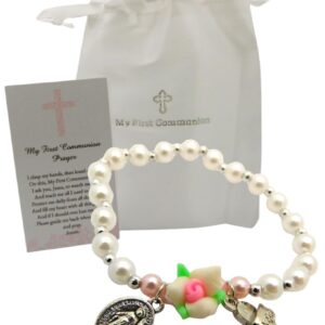 First Communion Rosary Bracelet Rose Stretch Wrist Fashion for Girls with Holy Prayer Card and Bag Gift Set