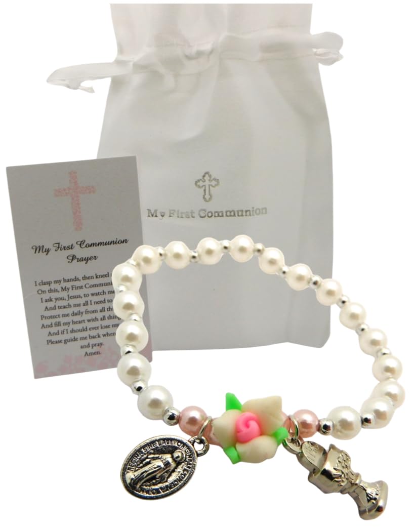 First Communion Rosary Bracelet Rose Stretch Wrist Fashion for Girls with Holy Prayer Card and Bag Gift Set