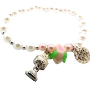 First Communion Rosary Bracelet Rose Stretch Wrist Fashion for Girls with Holy Prayer Card and Bag Gift Set