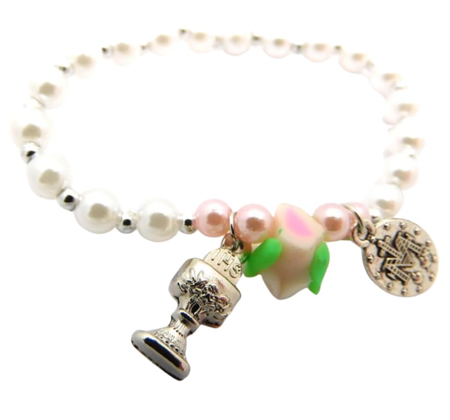 First Communion Rosary Bracelet Rose Stretch Wrist Fashion for Girls with Holy Prayer Card and Bag Gift Set