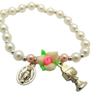 First Communion Rosary Bracelet Rose Stretch Wrist Fashion for Girls with Holy Prayer Card and Bag Gift Set