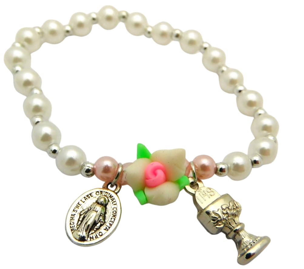 First Communion Rosary Bracelet Rose Stretch Wrist Fashion for Girls with Holy Prayer Card and Bag Gift Set