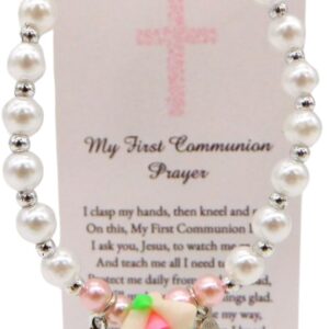 First Communion Rosary Bracelet Rose Stretch Wrist Fashion for Girls with Holy Prayer Card and Bag Gift Set