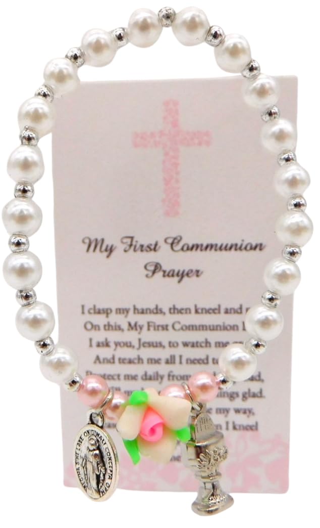 First Communion Rosary Bracelet Rose Stretch Wrist Fashion for Girls with Holy Prayer Card and Bag Gift Set