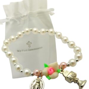 First Communion Rosary Bracelet Rose Stretch Wrist Fashion for Girls with Holy Prayer Card and Bag Gift Set