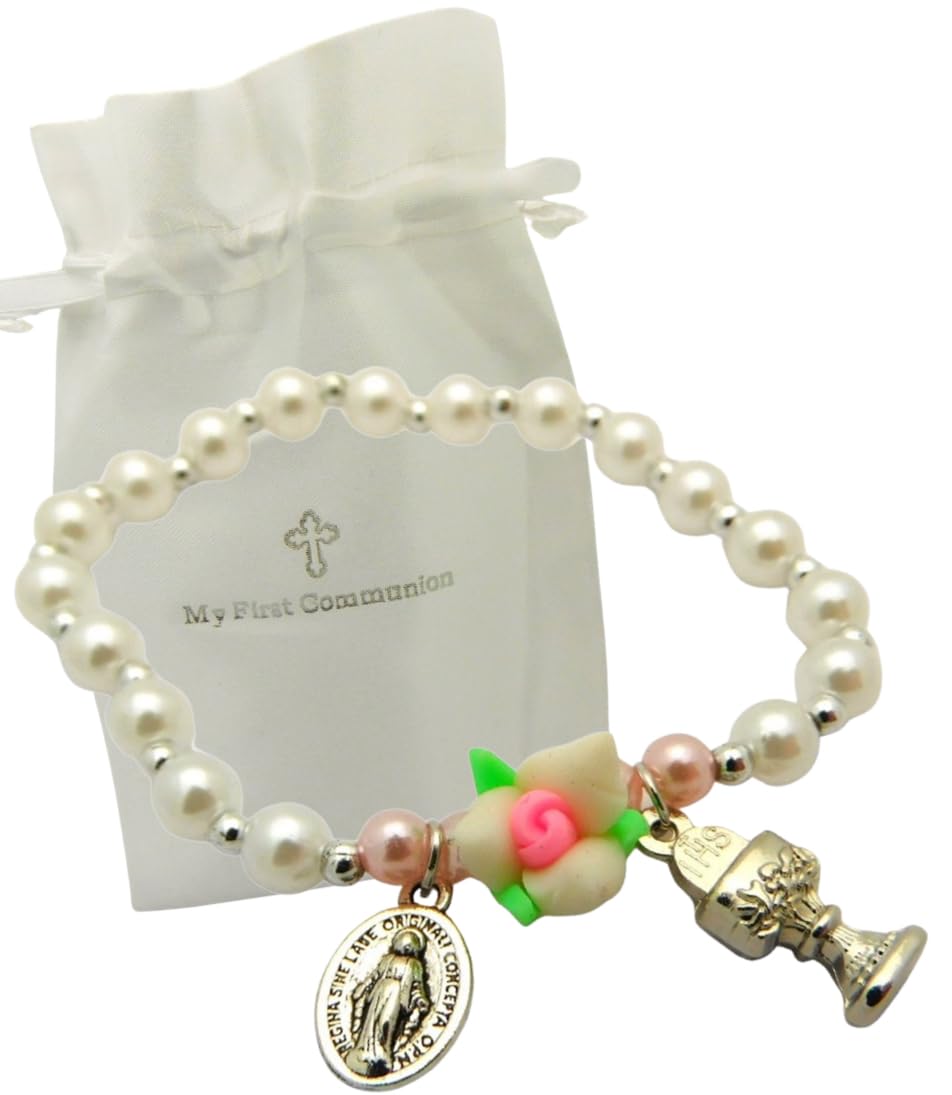 First Communion Rosary Bracelet Rose Stretch Wrist Fashion for Girls with Holy Prayer Card and Bag Gift Set