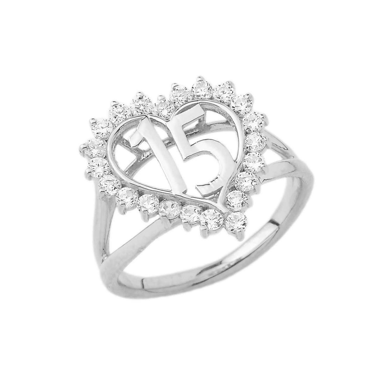 Dazzling Sterling Silver CZ Open Heart Quinceanera Ring (Size 9.5)