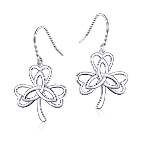 S925 Sterling Silver Good Luck Irish Shamrock Celtic Earrings Celtic Knot Drop Dangle Earrings for Women St Patricks Day Gifts (03_Celtic Clover Earrings)