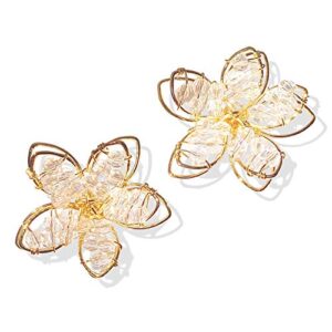 unique boho handmade chic white hollow crystal double layer flower stud earrings summer beach vacation floral earrings for women (gold)