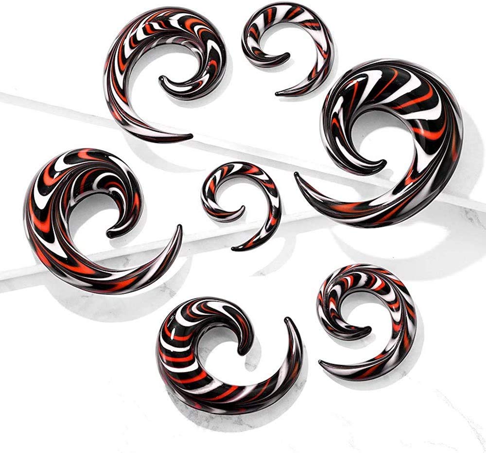 Covet Jewelry Black, Red, and White Glass Spiral Tapers (0GA (8mm))